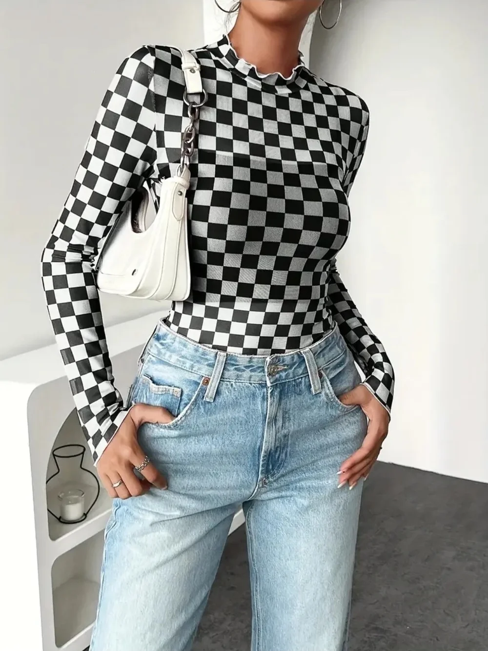 Tops | Checkerboard Mesh Fitted Long Sleeve Top Black White | Poshmark